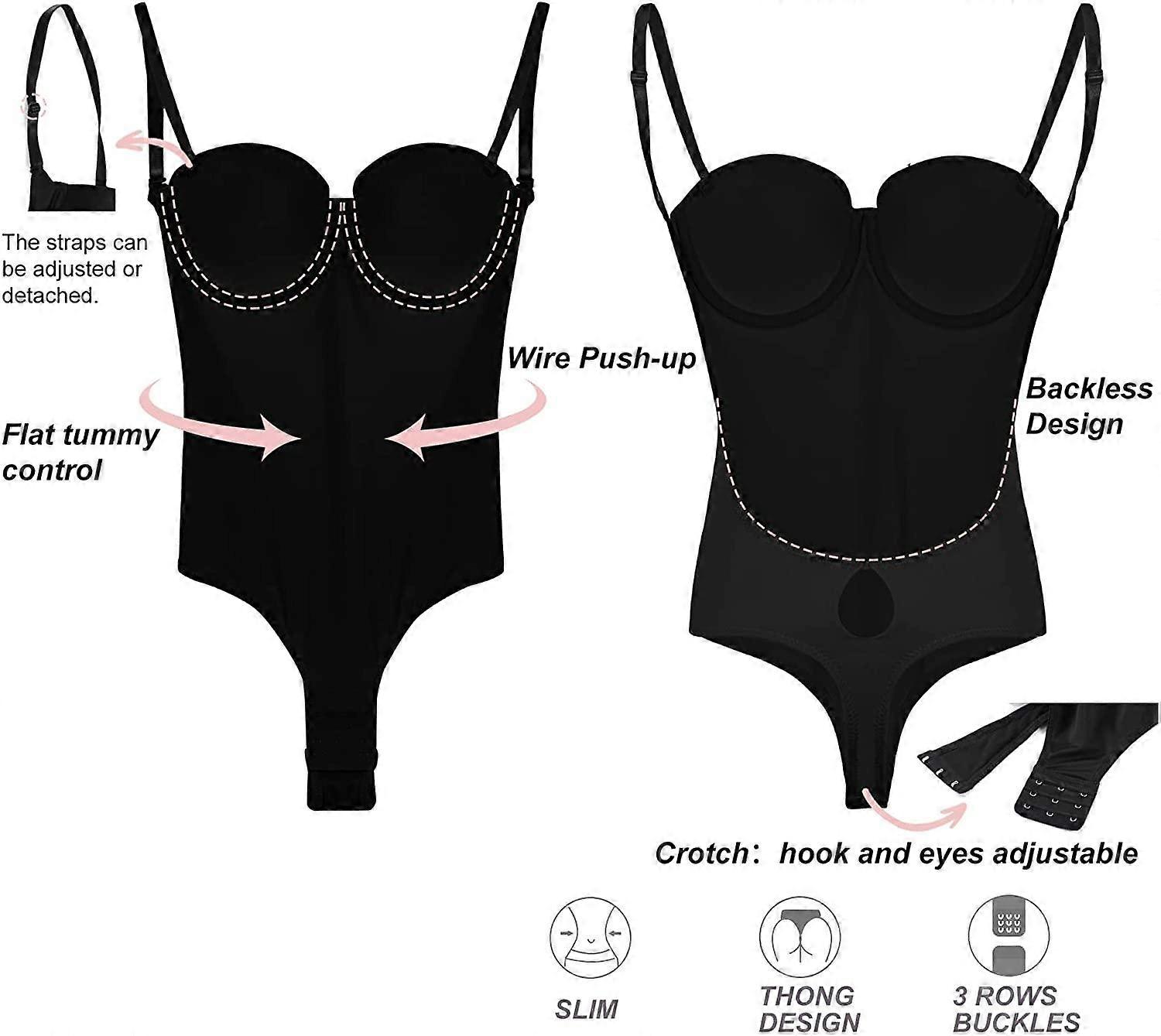 Backless Body Shaper For Women Push Up Bra Low Back Thong Bodysuit ...