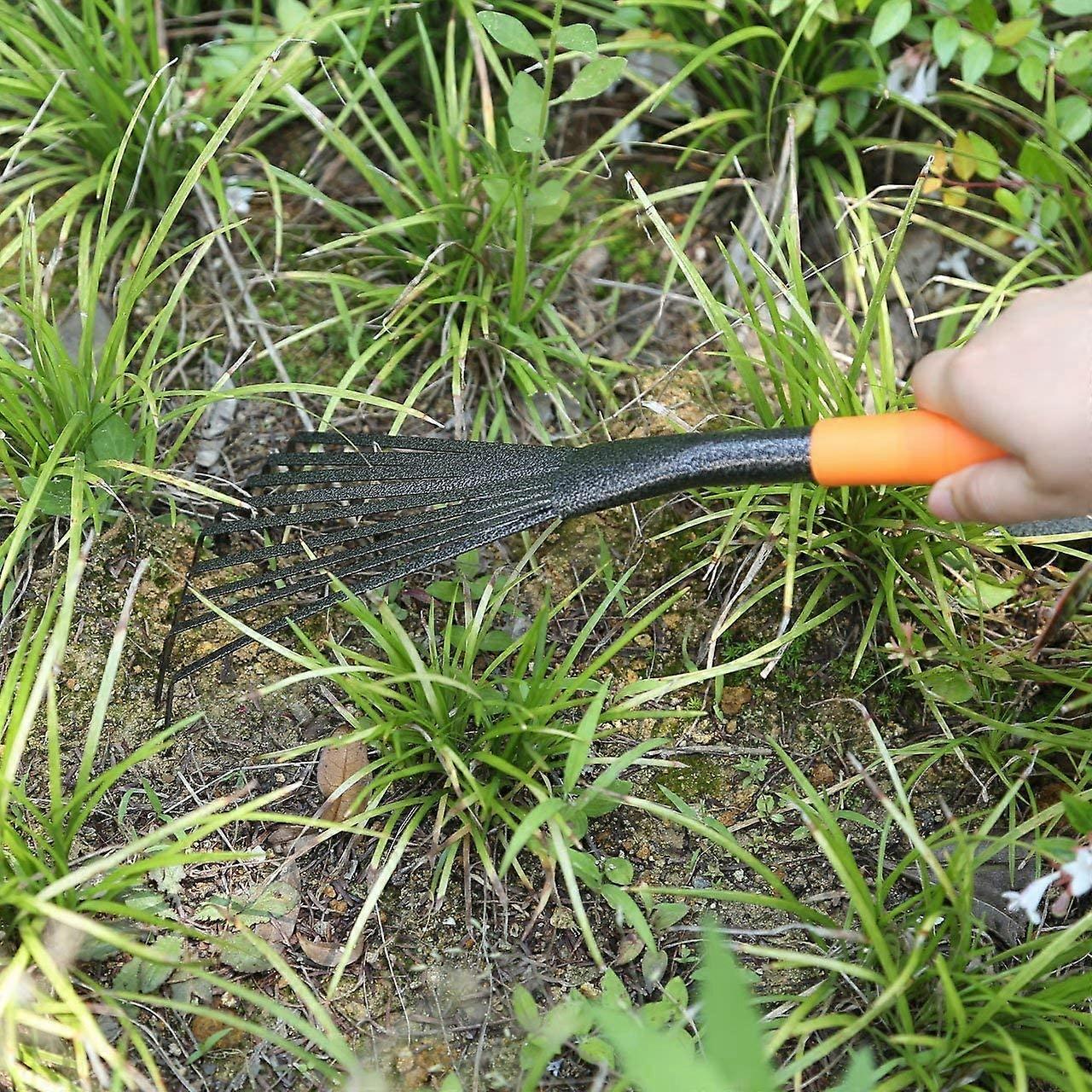 Mini 16" 9 Root Steel Garden Rake with Ergonomic Comfortable Rust ...