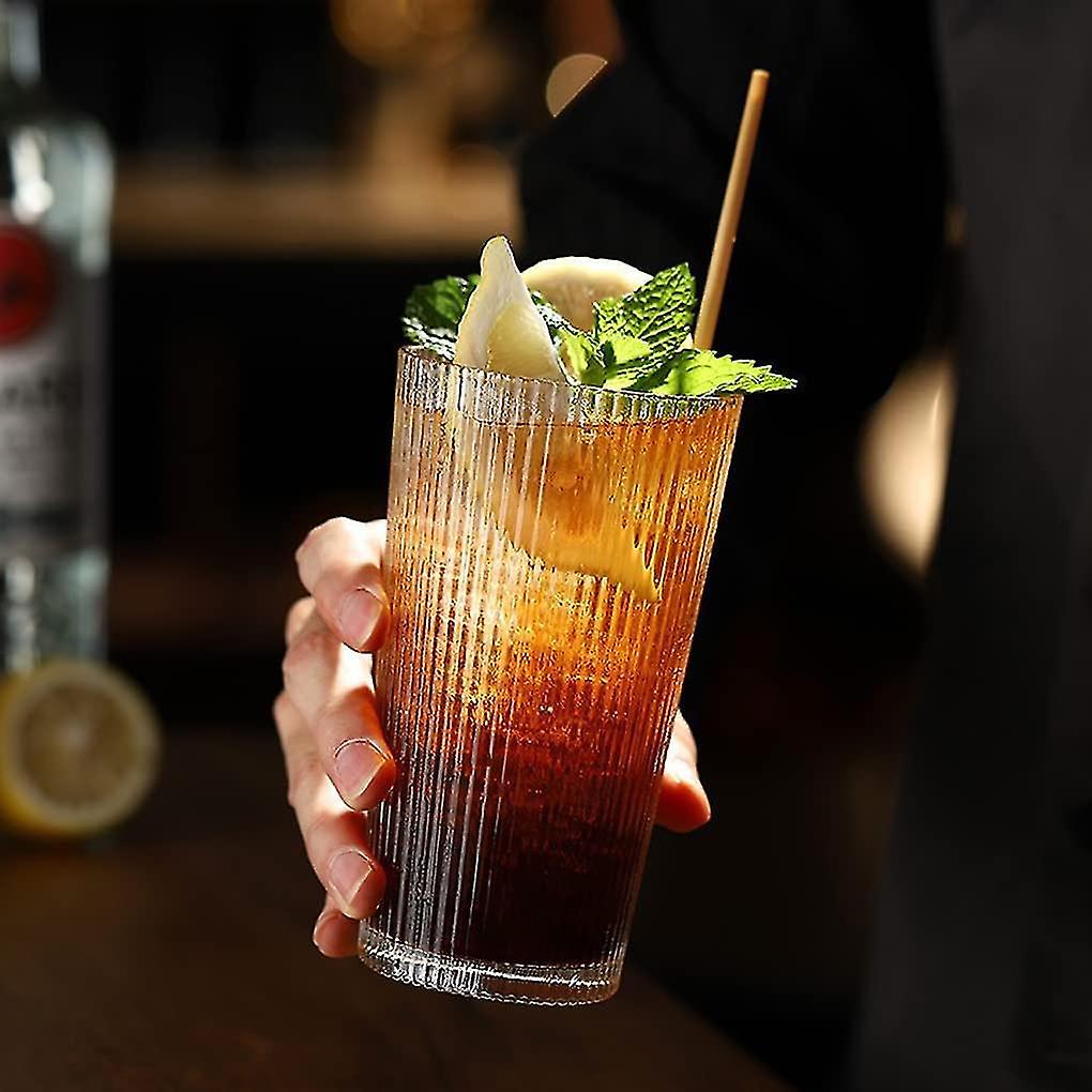 Glass Cups With Lids And Straws, 375ml Ribbed Vertical Striped Glass ...