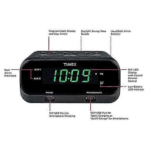 Timex Alarm Clock With Usb Charging Station Rediset Digital Clock For Bedroom With Dual Alarms