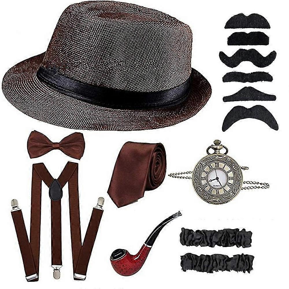 1920's Men Gatsby Gangster Costume Accessories Set - 20s Fedora Hat ...