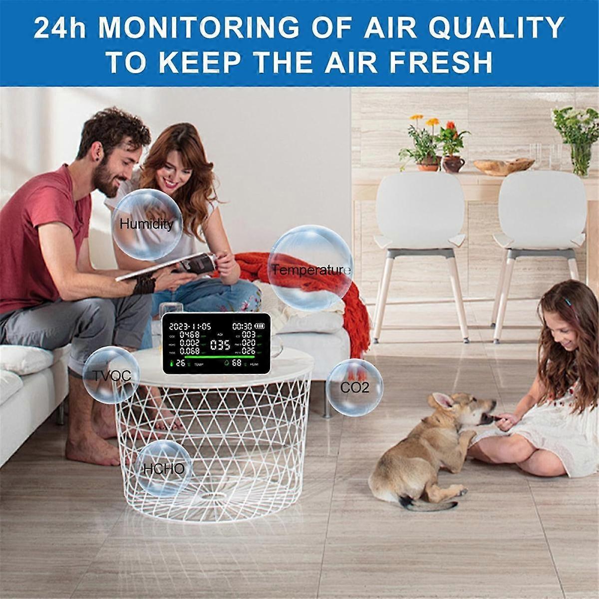 11In1 Air Quality Monitor,Indoor CO2/VOC//PM2.5/Thermometer/Humidity Monitor,Portable Smart ...