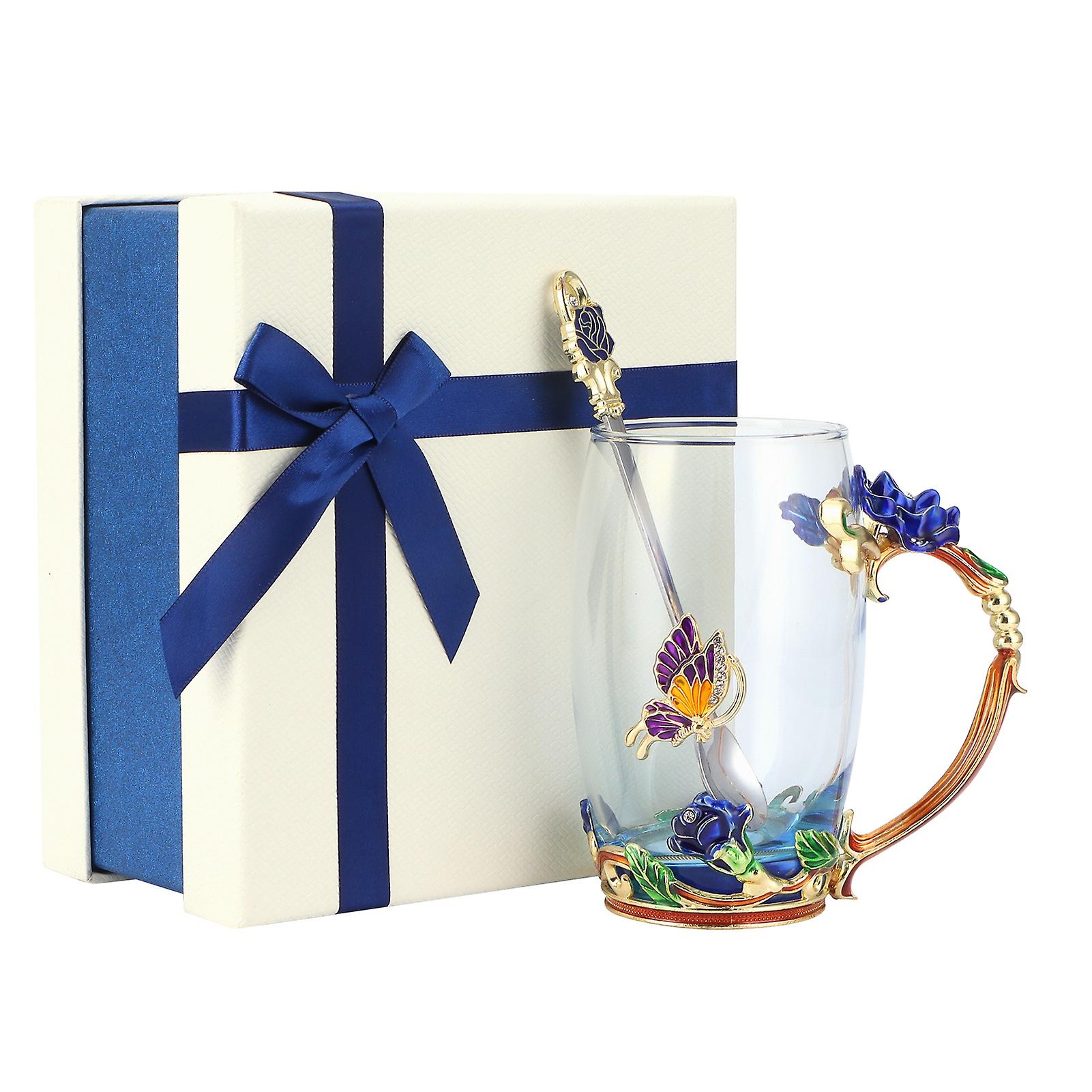 Blue Rose Glass Cup 350ML - Innovative Flower Tea Cup with Spoon ...