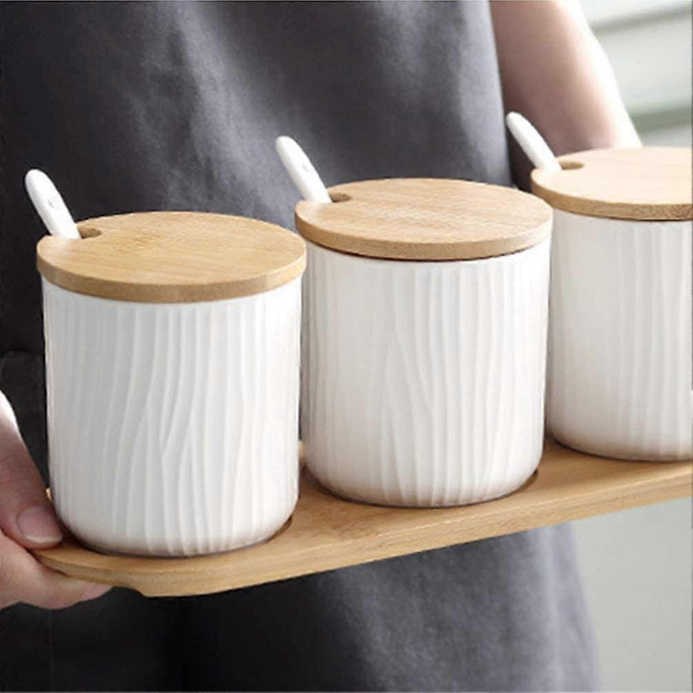 Ceramic condiment jar with lids Spoons Wooden serving tray for kitchen ...