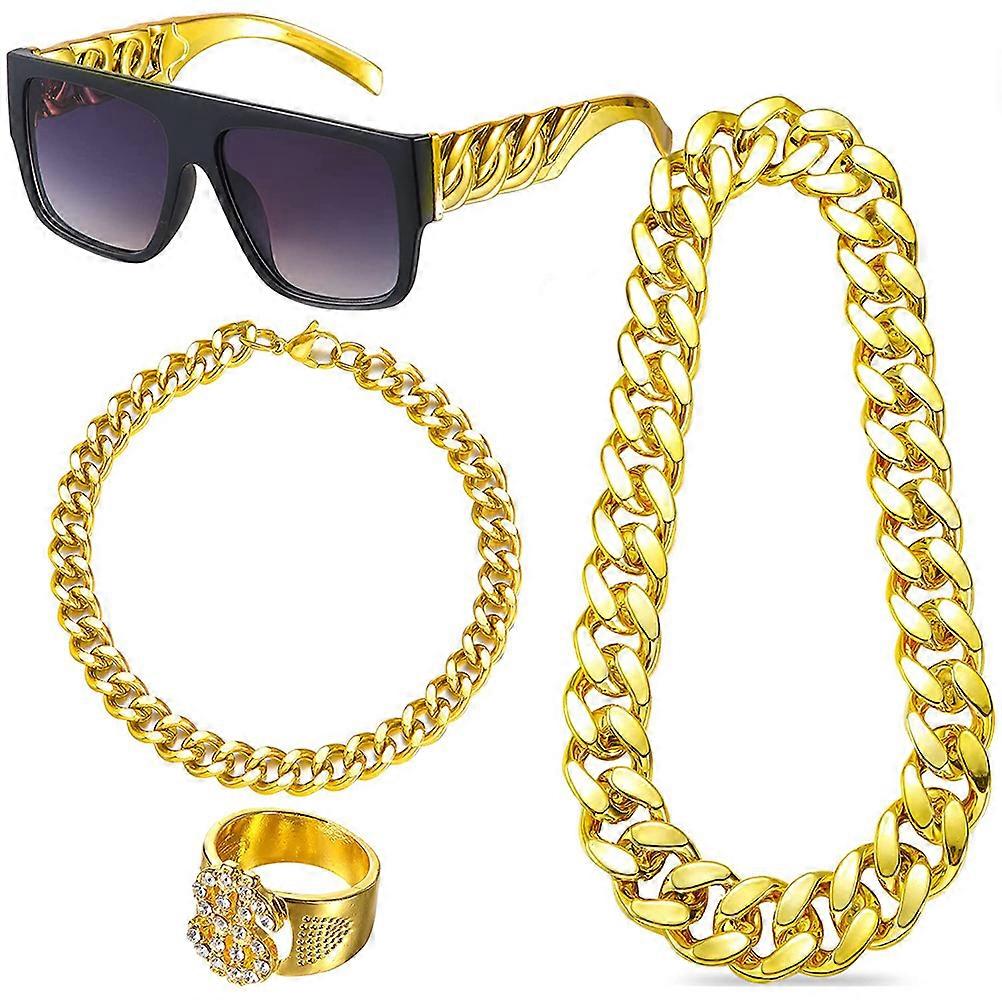 80s 90s Costumes Outfit Punk Gold Chain Necklace Bracelet Glasses Ring ...