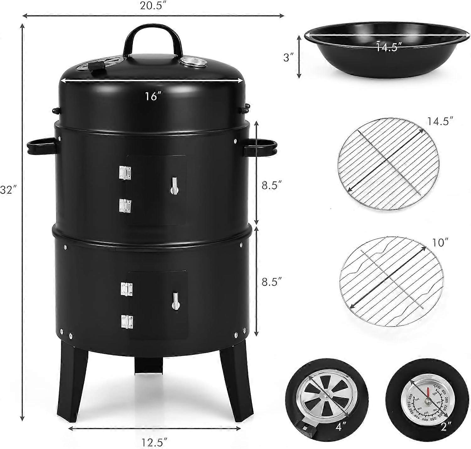 3 in 1 Round Charcoal Smoker, 16'' BBQ Vertical Smoker w/Thermometer ...