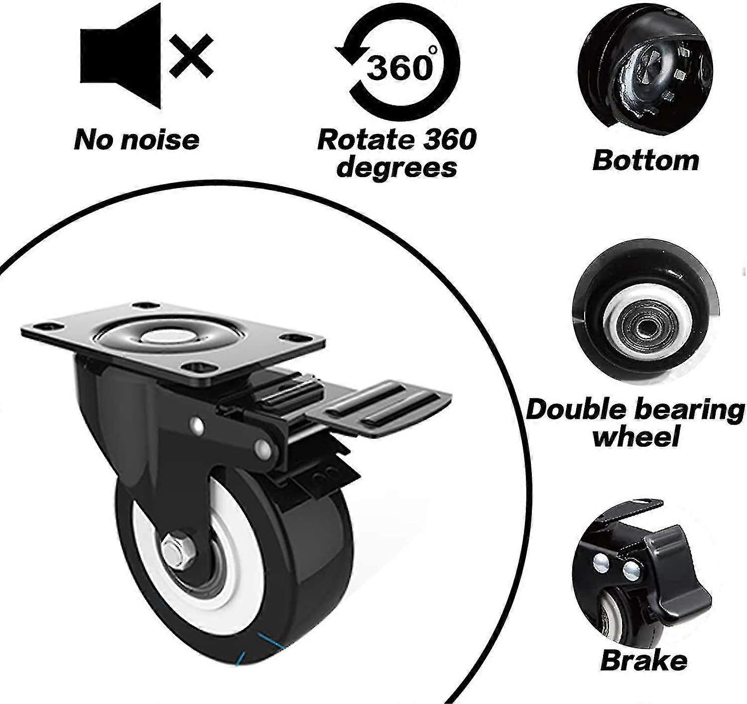 4 Pack 50mm Castors With Brake, 4 Pcs Swivel Castors For Furniture ...
