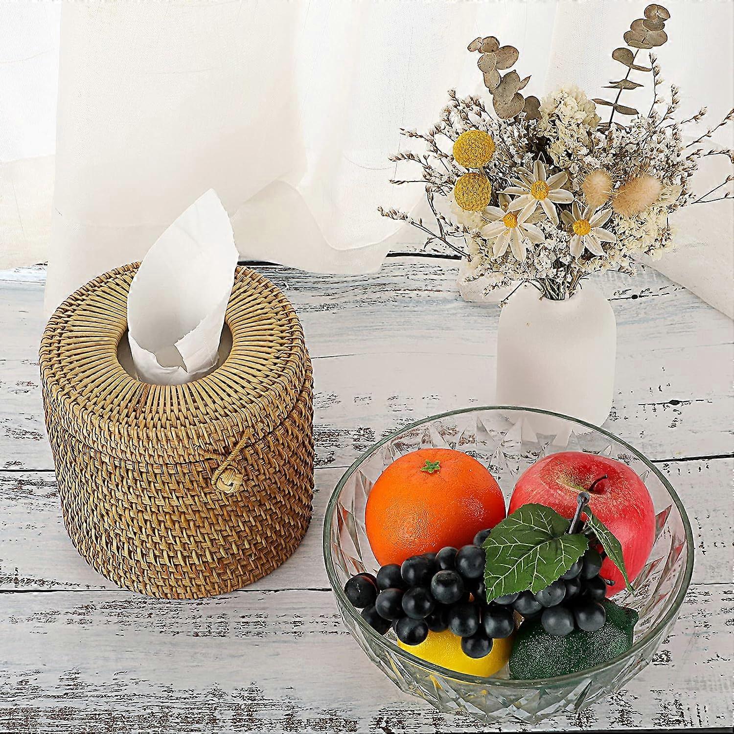 1 x Rattan Tissue Box Round Dispenser Tissue Box Desk Organizer is ...