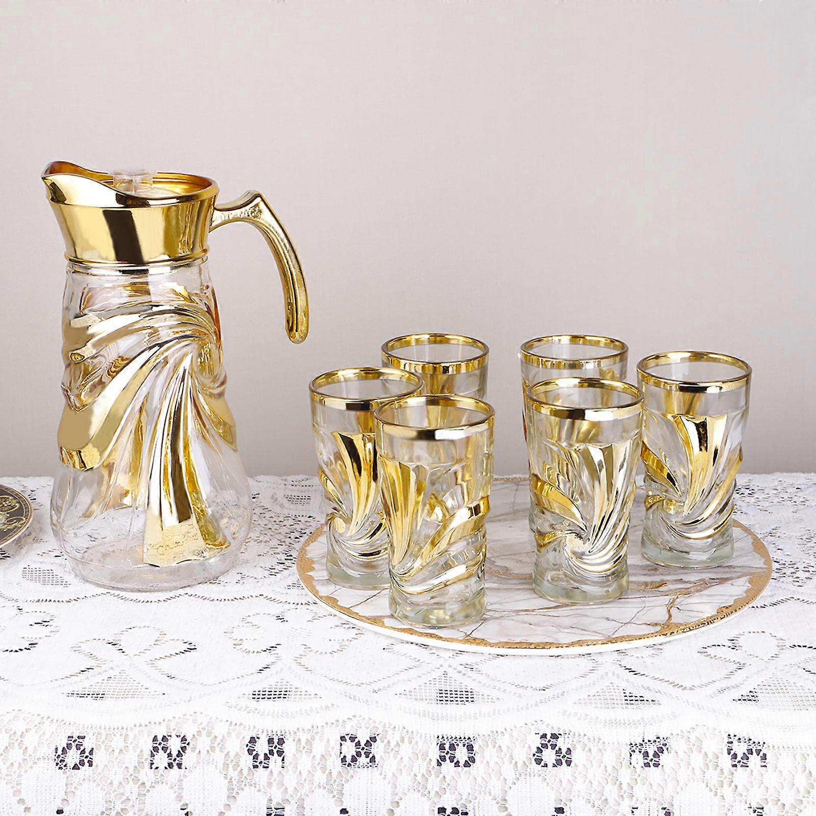 Golden Glass Water Pitcher Set with 6 Cups on Buffet Table or ...