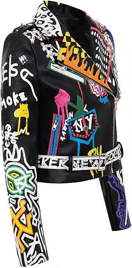 Women's Leather Jacket Cartoon Print Black Studded Motor Biker Punk ...