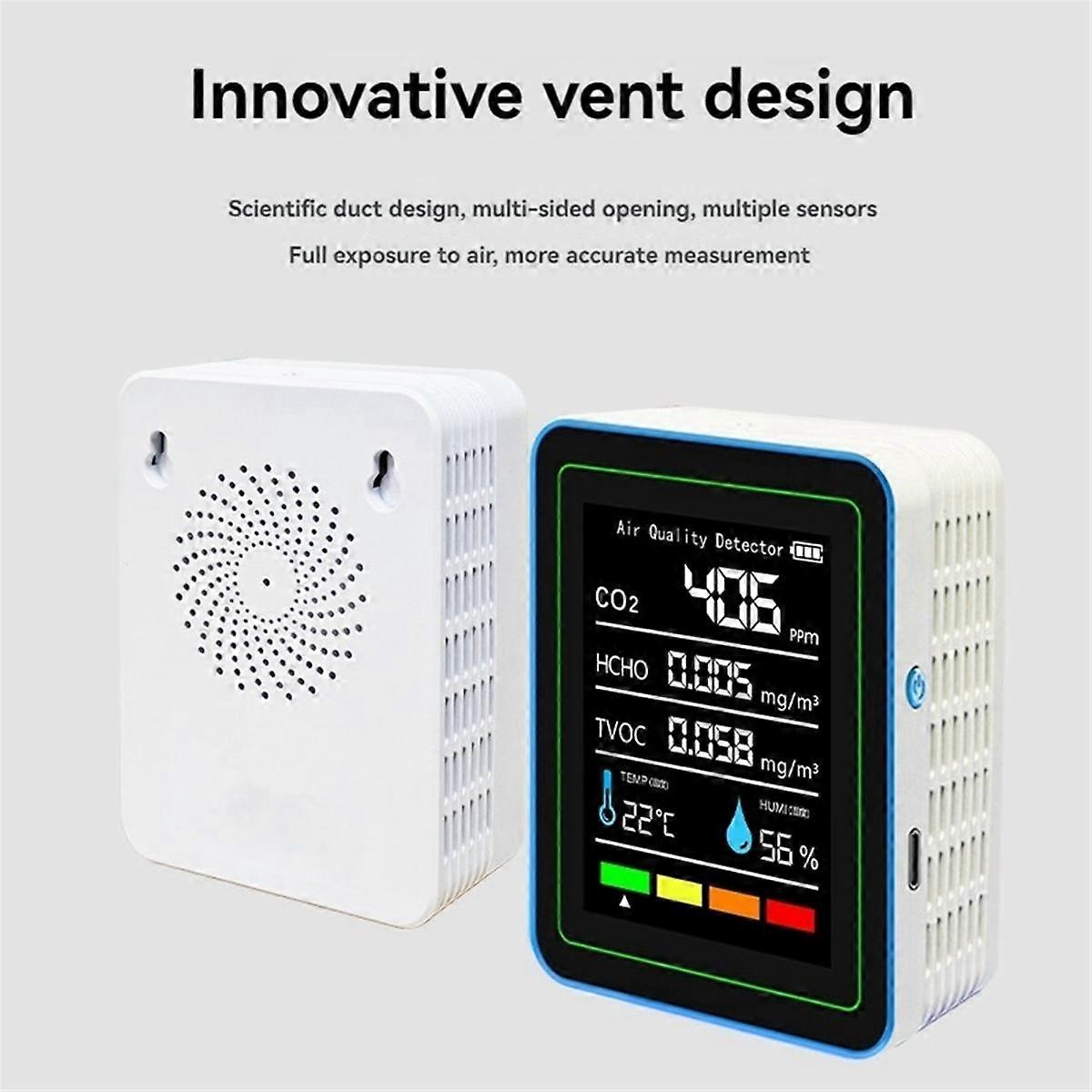 5 in 1 Air Quality Monitor TVOC HCHO Temperature Humidity CO2 Meter, USB Rechargeable CO2 ...