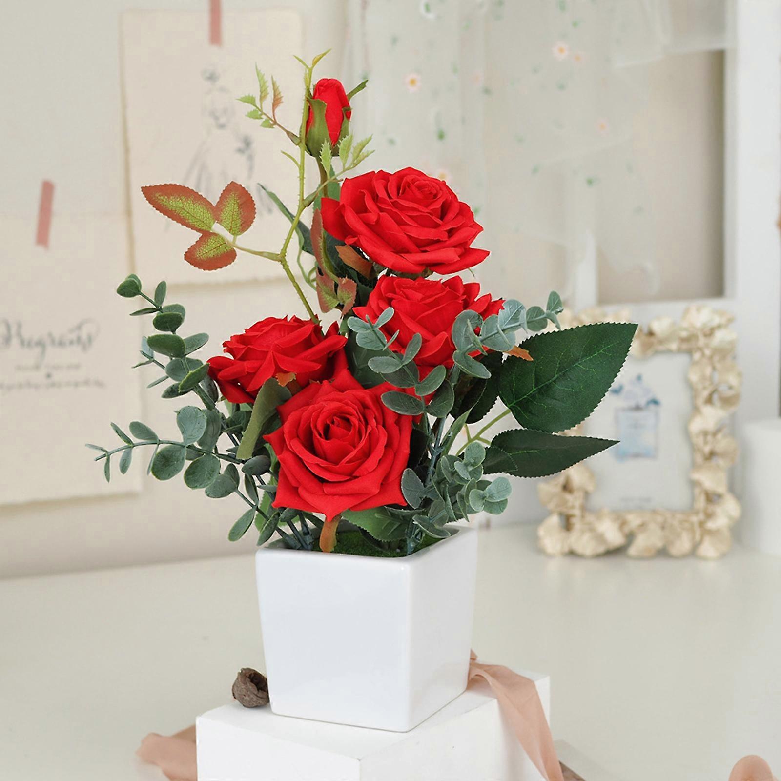 Artificial Rose Bush Tree Potted Plant Red Faux Flowers Home Decor ...