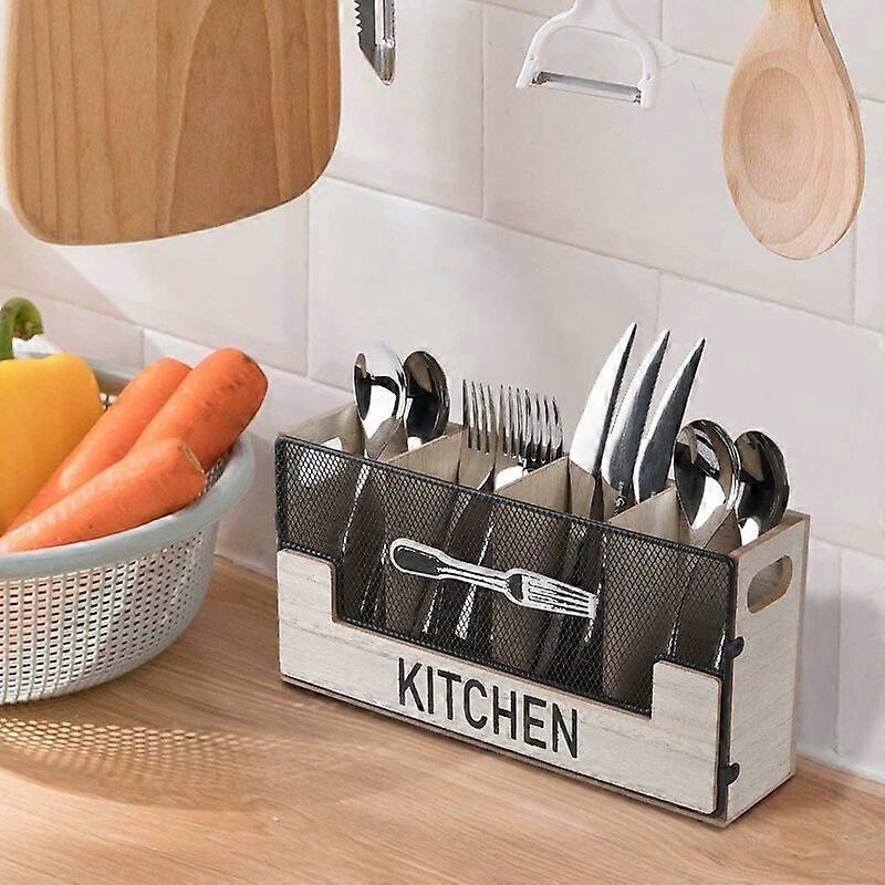 Wooden cutlery holder with 4 compartments, table cutlery storage ...