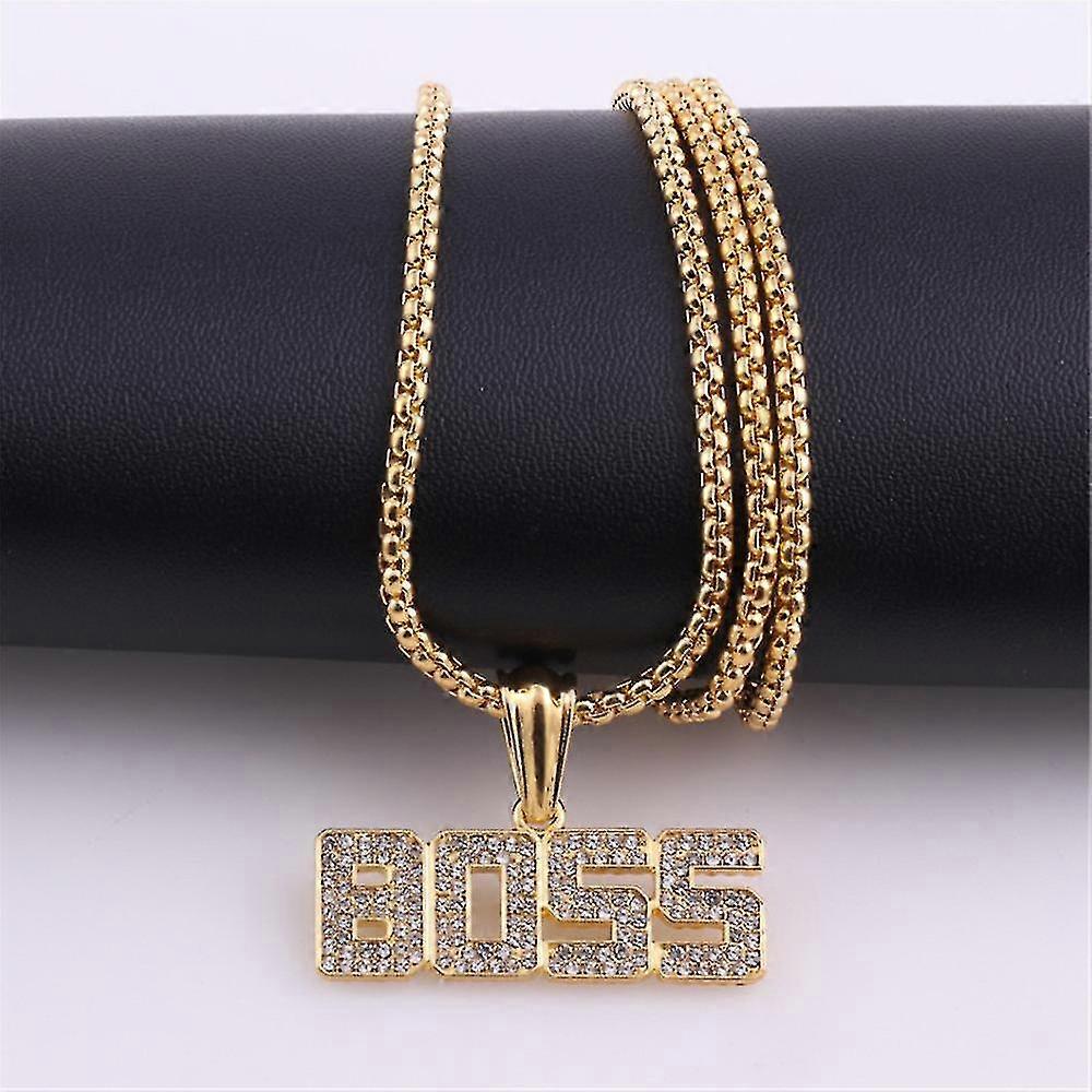 Punk Crystal Letter Boss Pendant Gold Color Long Cuban Chain Necklace ...