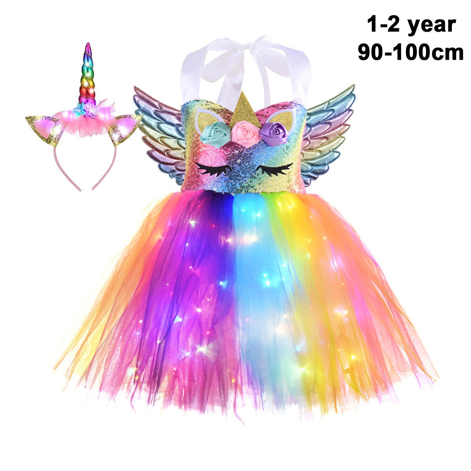 Girls Unicorn Led Light Up Princess Costume With Headband And Wings ...