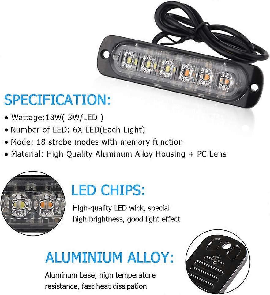 4 Pack 12-24V Emergency Strobe Warning Light Bars - 6 LED Flash Warning ...
