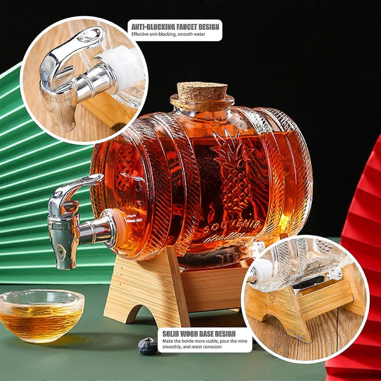 Whiskey Decanter Set, Barrel Glass Dispenser With Tap And Wooden Stand ...