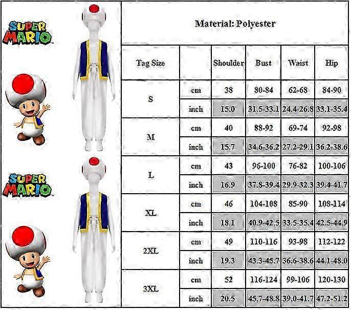 Adult Super Mario Bros 2 Toad Cosplay Party Costume Tops + Pants + Hat ...