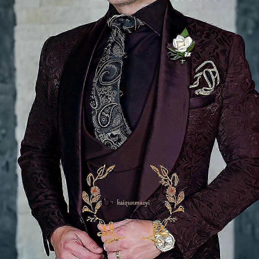 Jacquard Elegant Men's 3 Piece Suit Set Wedding Groom Tuxedo Jacket ...