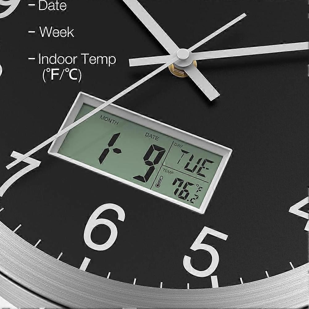 12Inch Wall Clock with Digital Date, Week & Indoor Temp - Battery ...