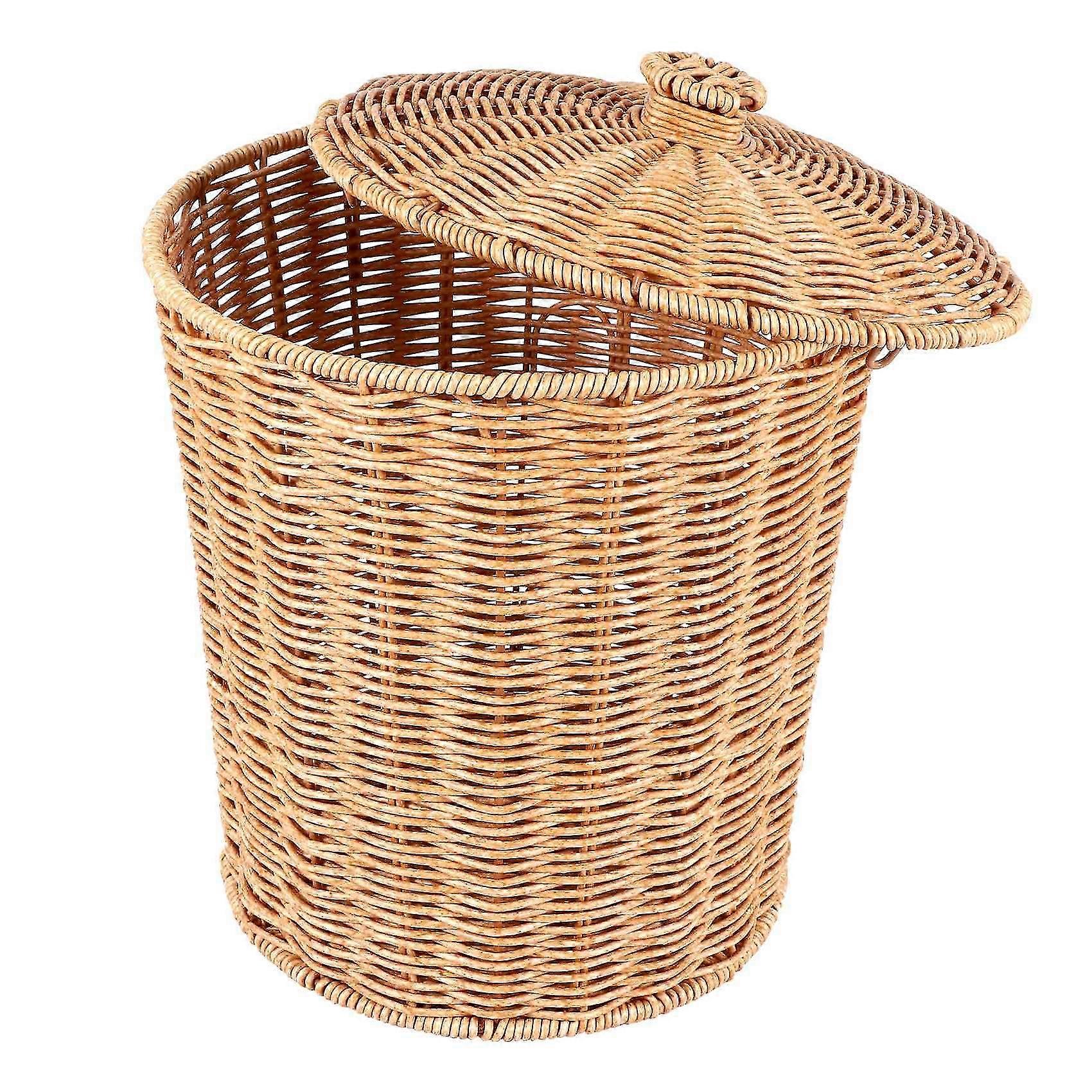 Woven Basket Trash Can Round Rattan Waste Basket With Lid Planter Woven ...
