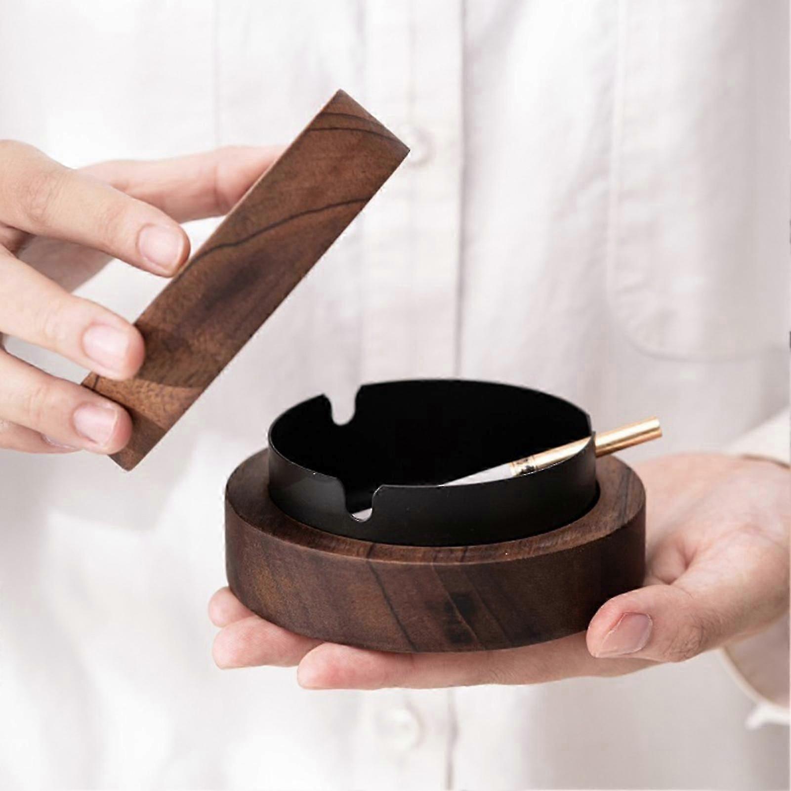 Ashtray Slot Mouth Fine Grinding Walnut Wood Ashtray with Lid Living ...