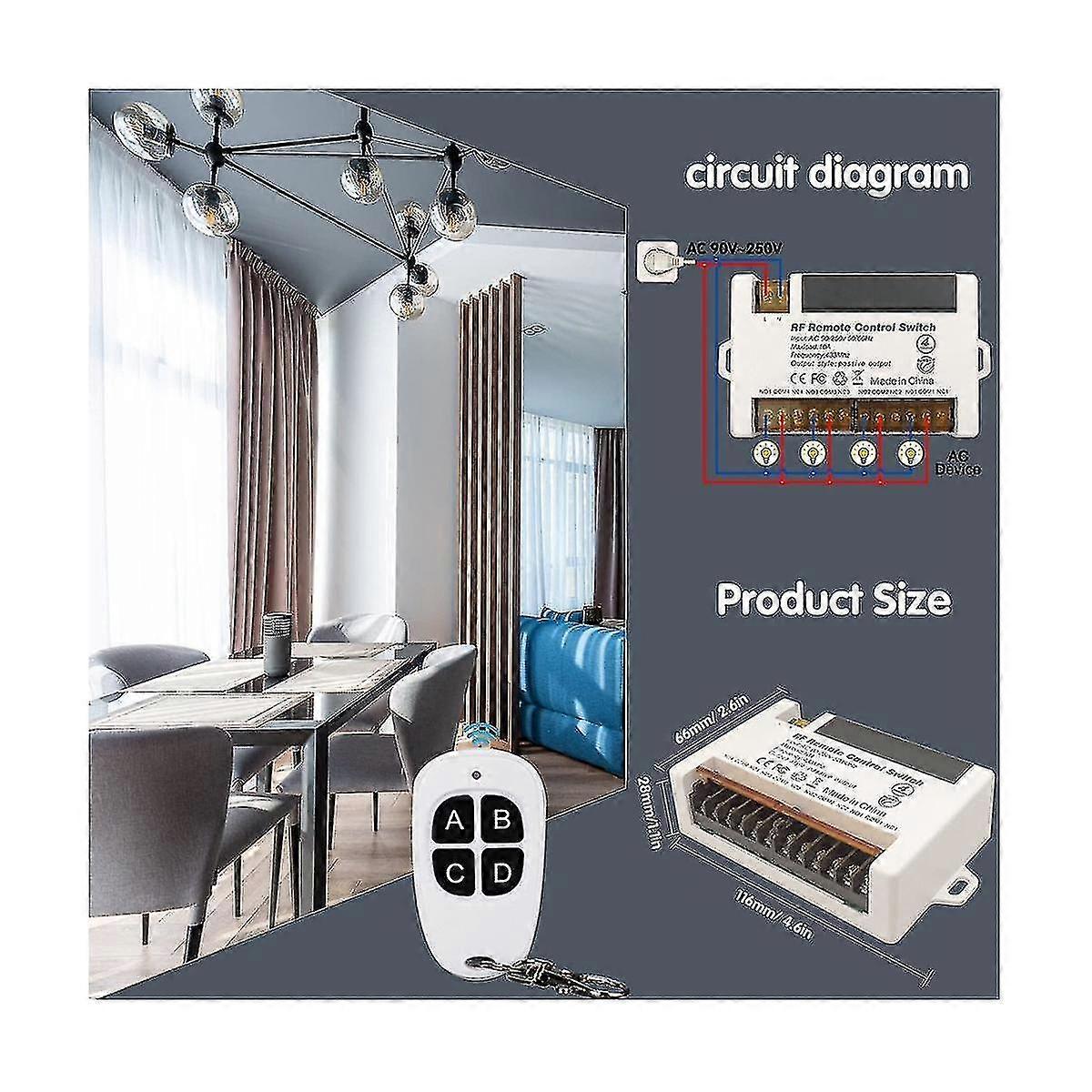 4 Channel Wireless Relay Remote Control Switch 433.92 Mhz Rf Ac90-250v ...