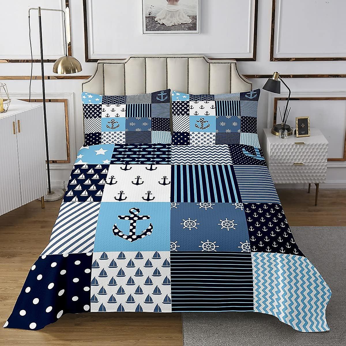 Nautical Bed Throw Navigation Theme Patchwork Day Deck Double Quilted Bedspread Blanket Anchor ...