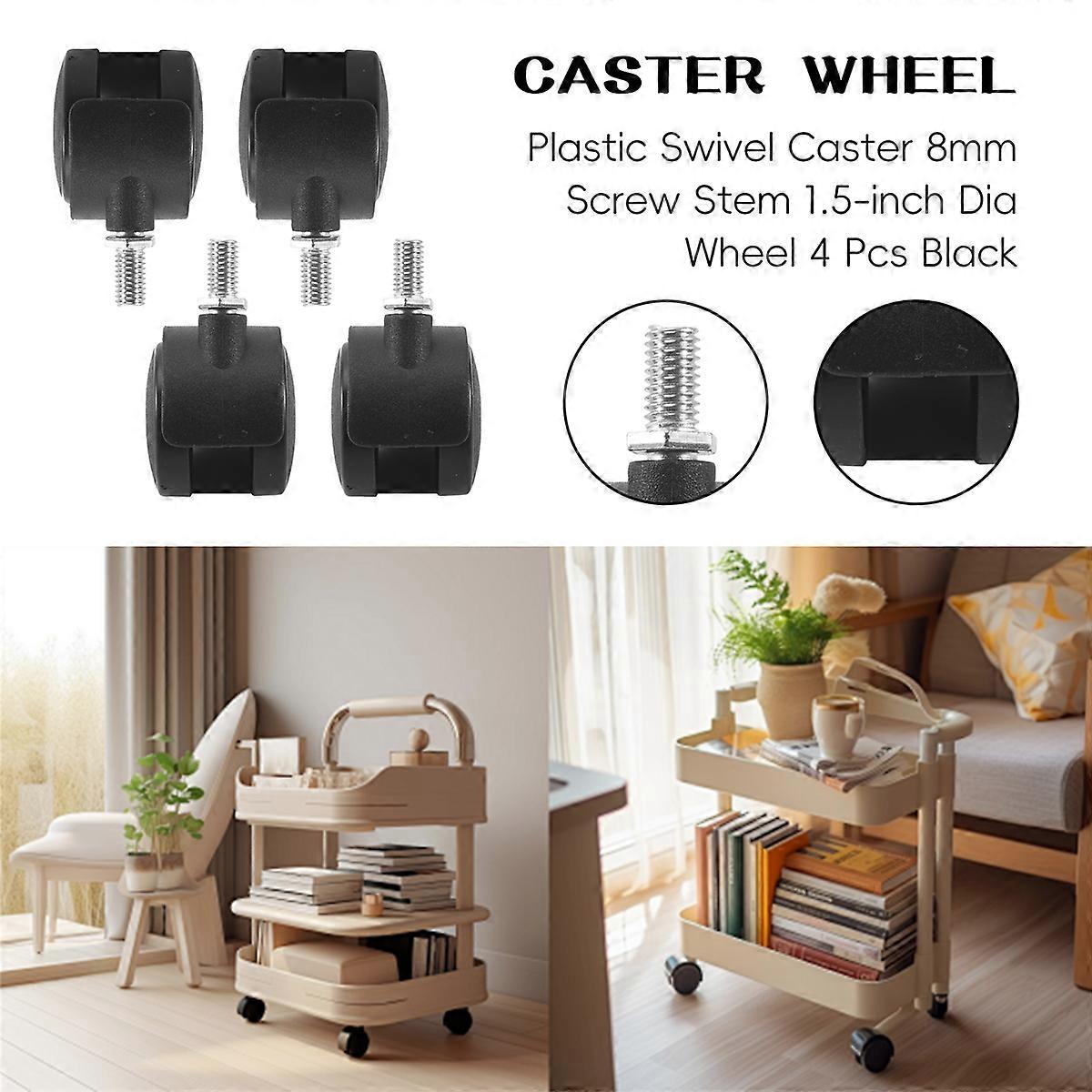 Plastic Swivel Caster 8mm Screw Stem 1.5-inch Dia Wheel 4 Pcs Black ...
