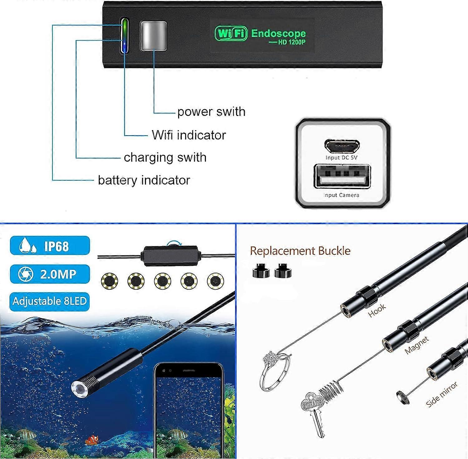 WiFi Endoscope USB Inspection Camera, 2 Megapixel 1200P HD Endoscope ...