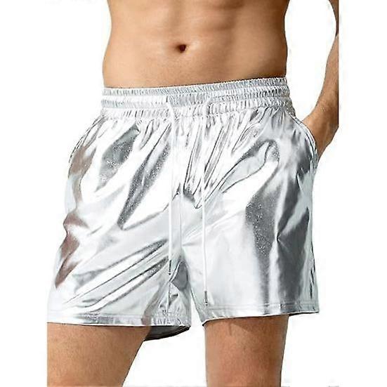 Men Glossy Surface Shorts Elastic Waist Adjustable Drawstring Wide Leg ...