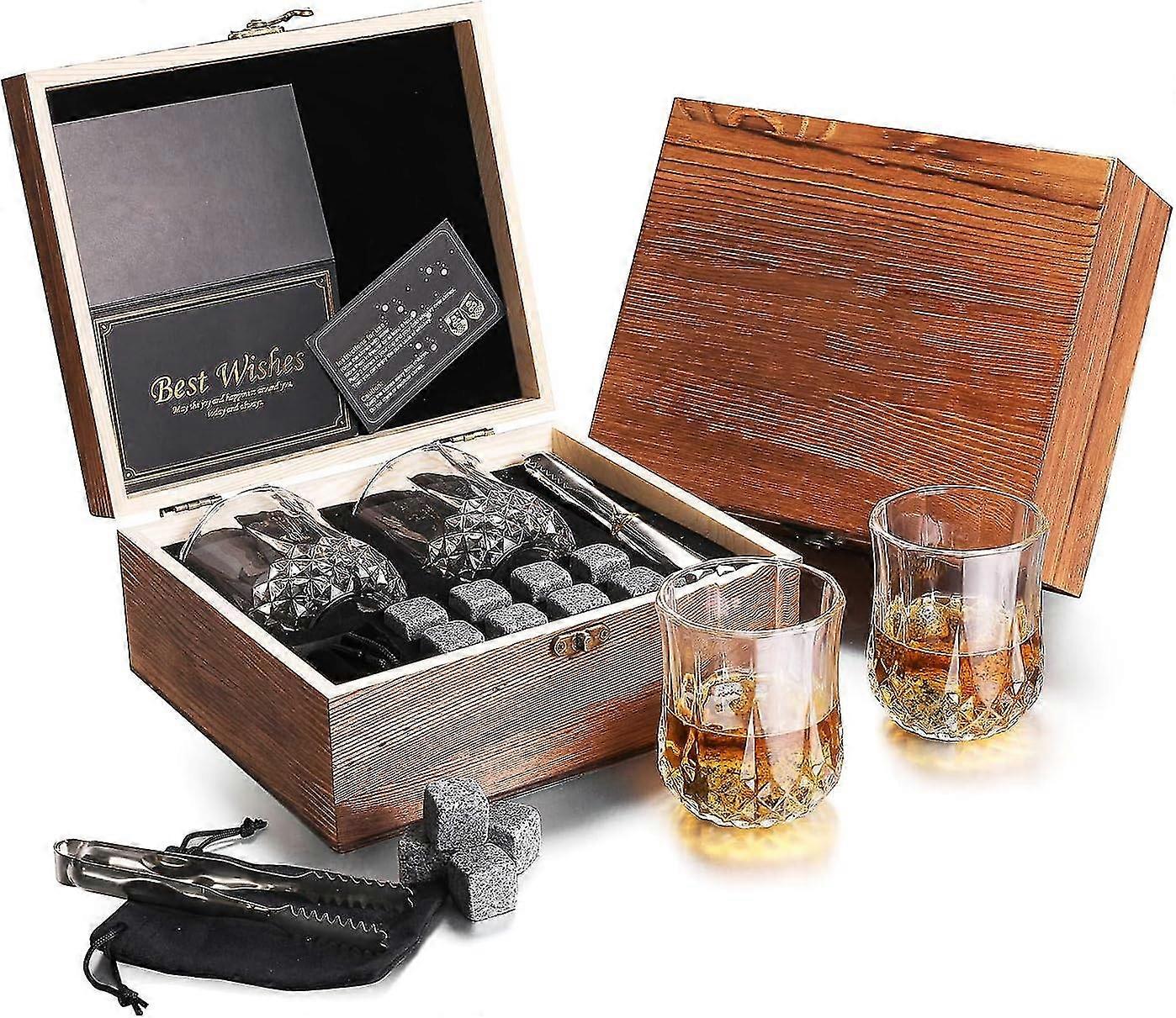Whiskey Glasses Set In Fine Wood Gift Box - Includes 2 Glasses And 8 ...