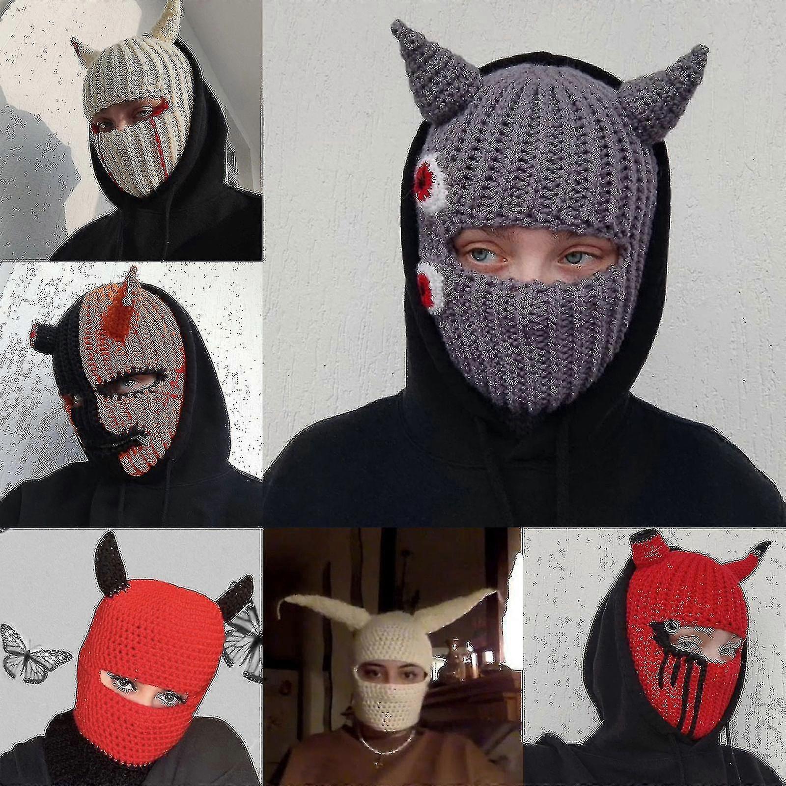 Knitted Hat Full Face Mask Woolen Hat Horn Hat Balaclava Hat For ...
