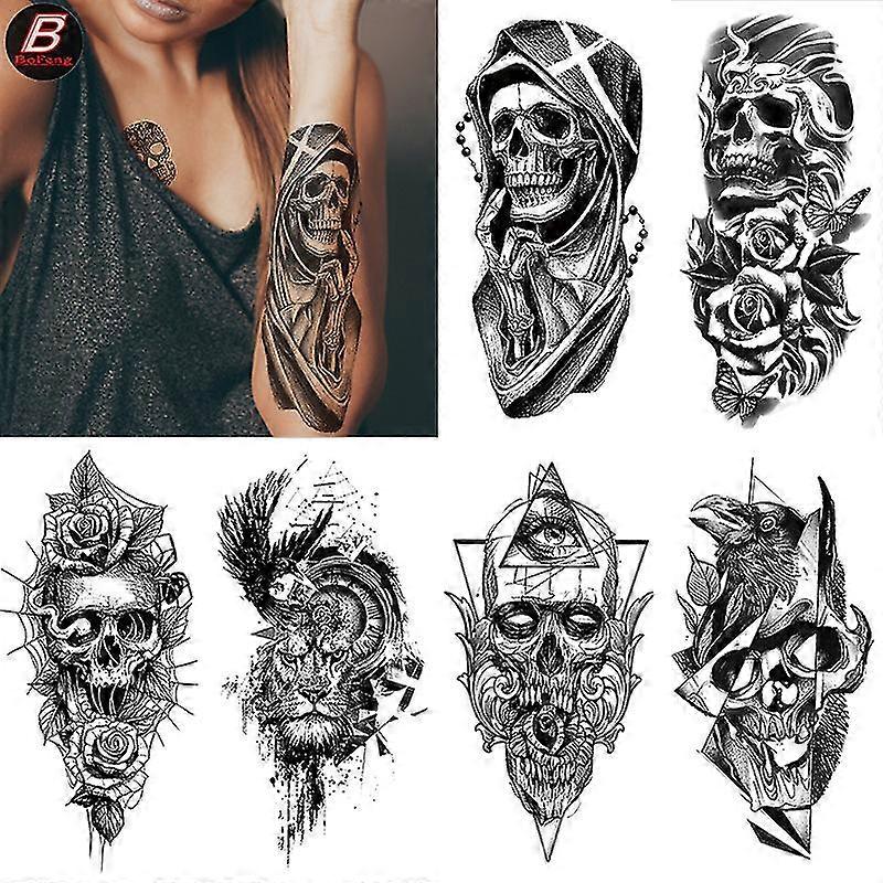 Black Skull Halloween Skeleton Temporary Tattoo For Men Adults ...