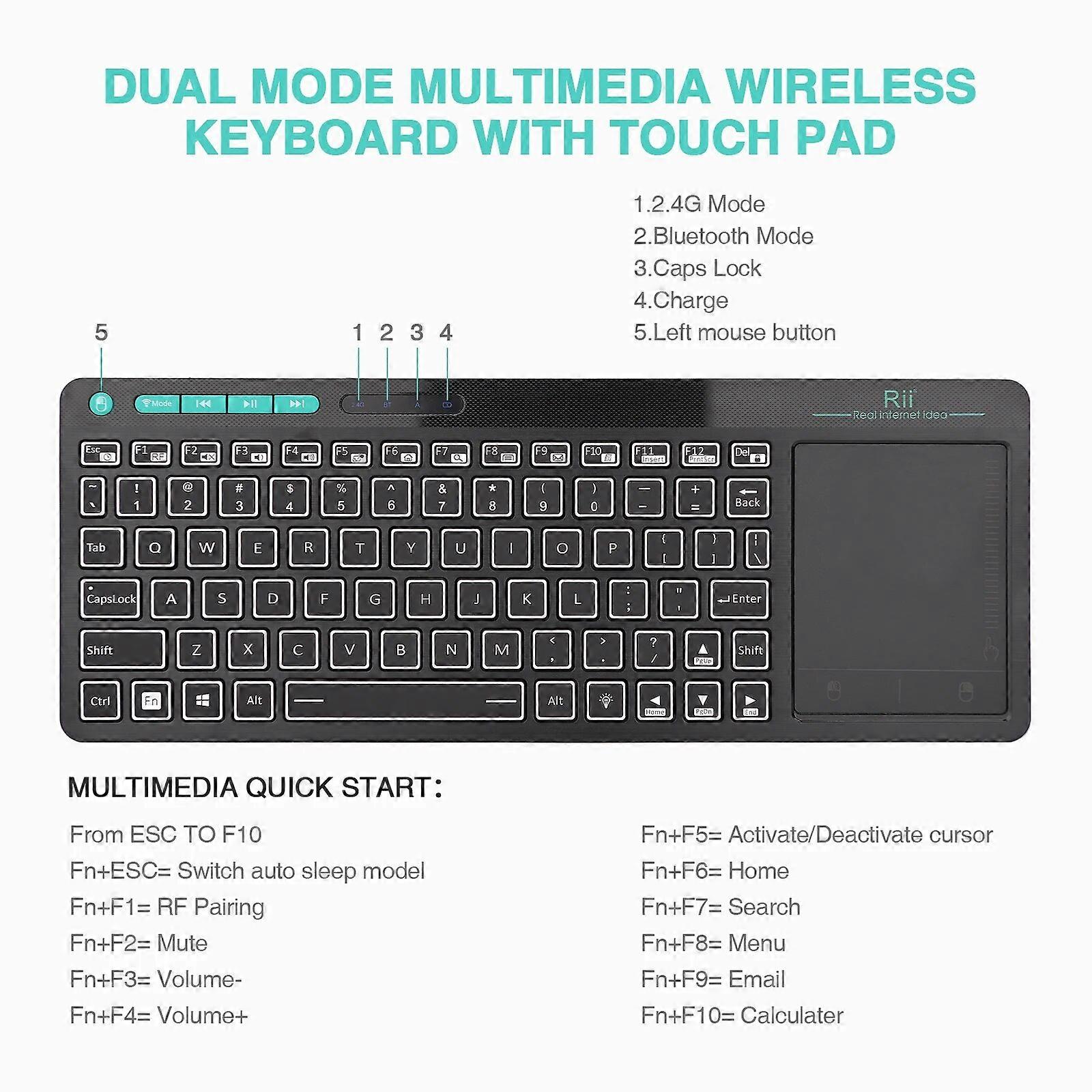 RII RT518S Bluetooth Wireless Mini Keyboard Multimedia 2-LED Color ...