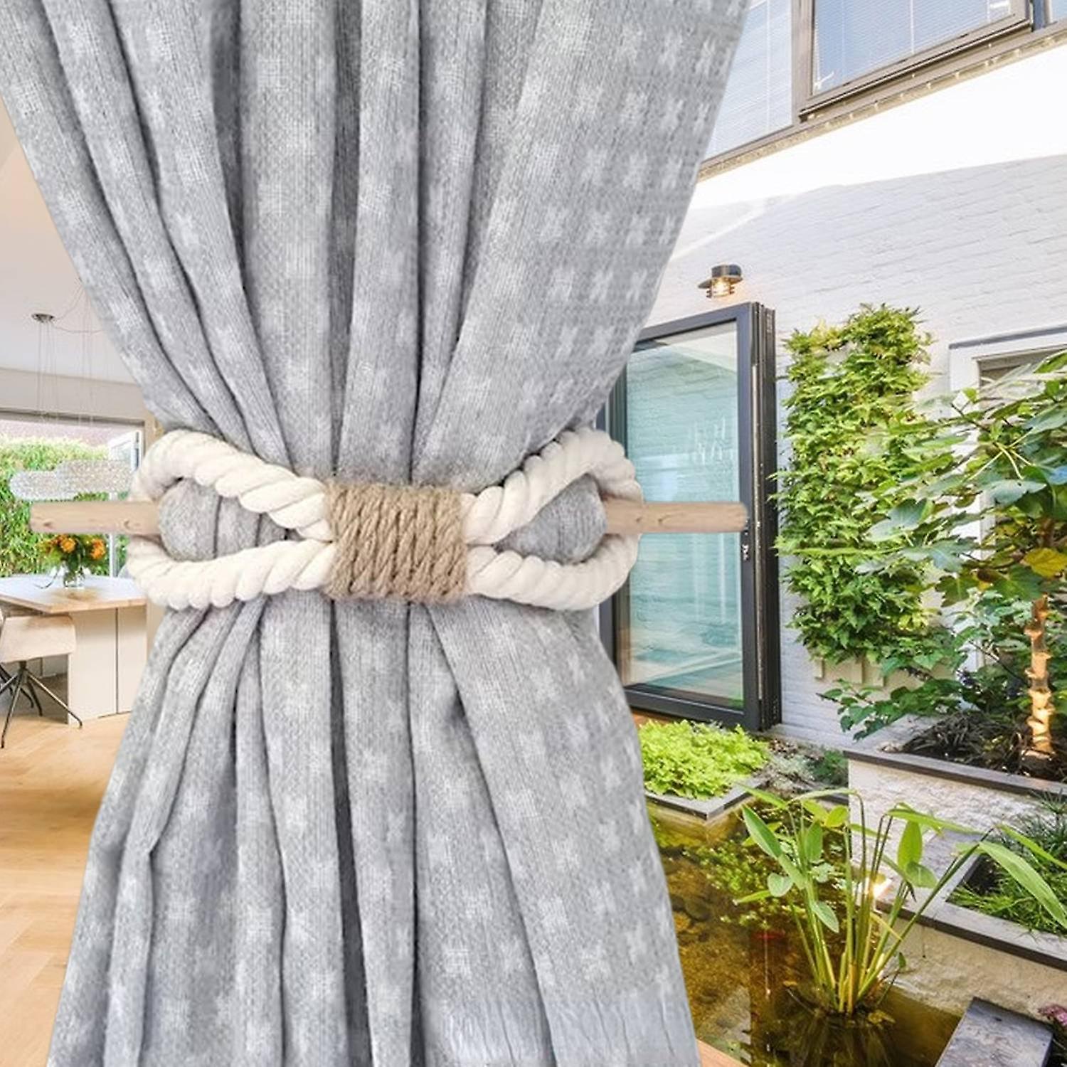2Pcs Cotton Rope Curtain Tieback with Wooden Stick Handmade Boho Rustic ...