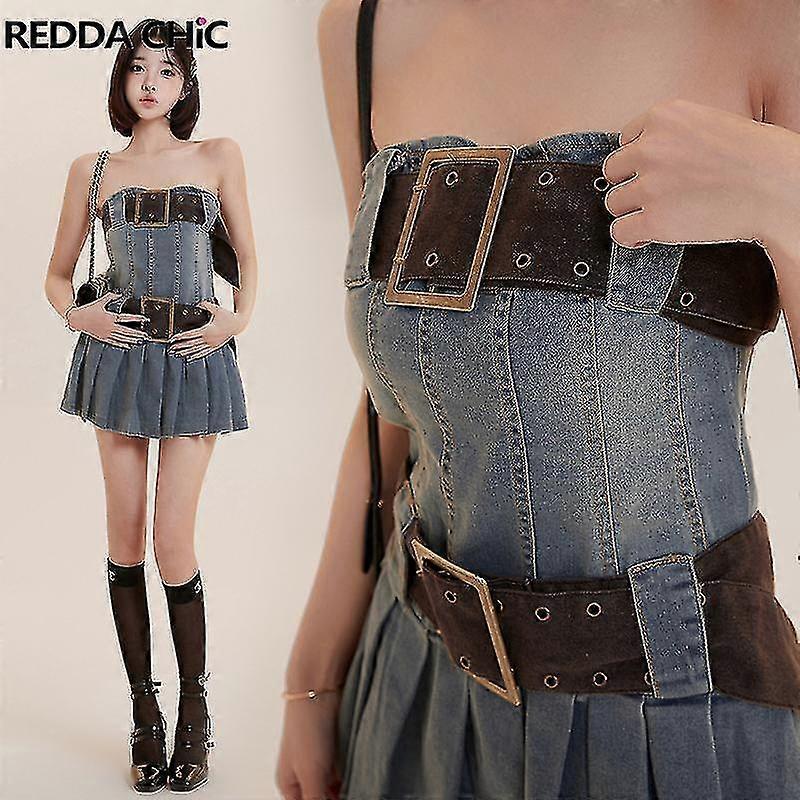 Women Bodycon Dress Belt Mini Short Jean Corset Pleated One-piece Dress ...