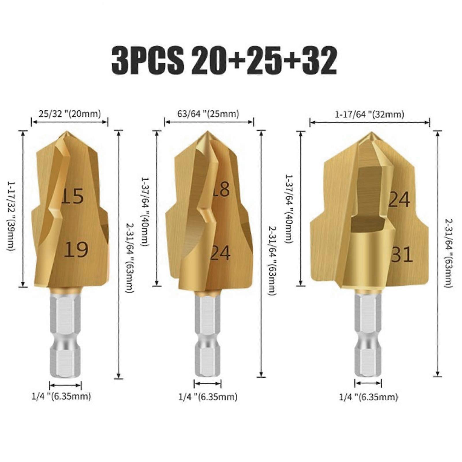 3PCS Set Pipe Reaming Drill Bit Set Hex Shank PPR High Speed Steel Pipe ...