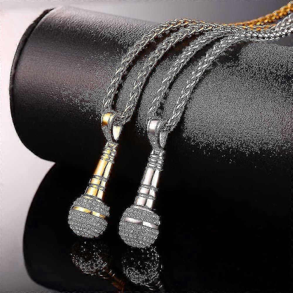 (silver) Ice Out Microphone Pendant,stainless Steel Full Crystal ...