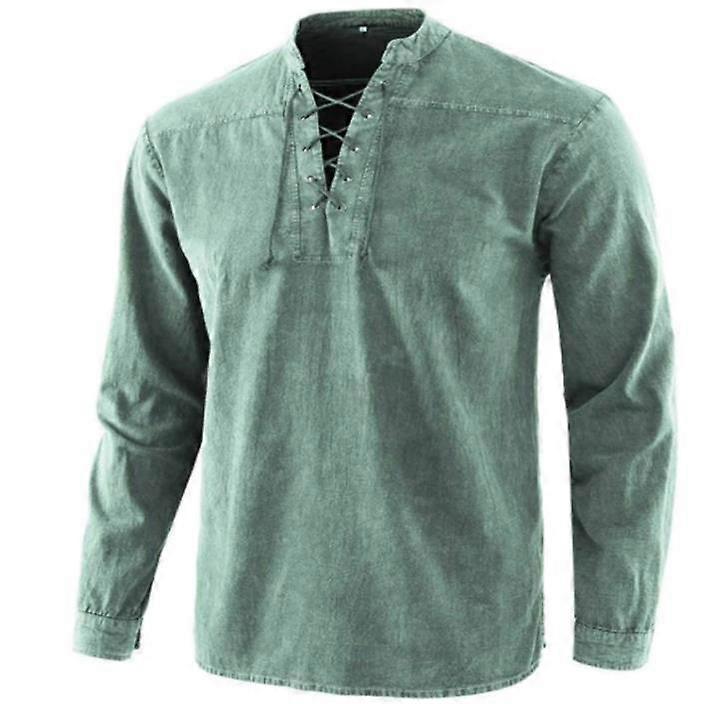 Mens Plain Vintage Shirt Long Sleeve Casual V-Neck Lace Up Drawstring ...