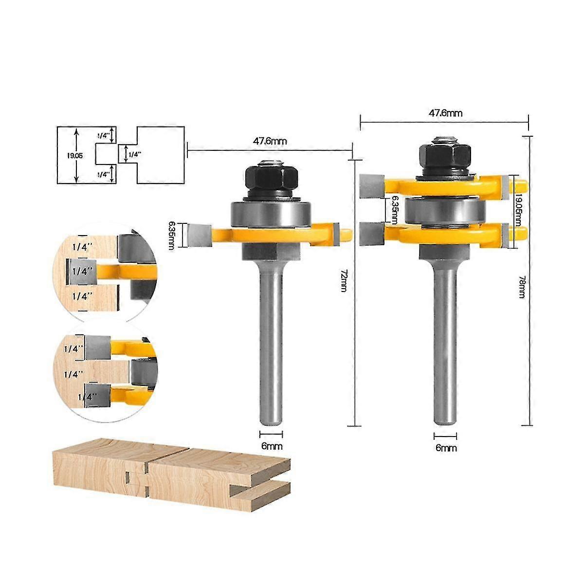 2Pcs 6Mm Joint Assembly Router Bit Set Tongue & Groove T-Slot Milling ...
