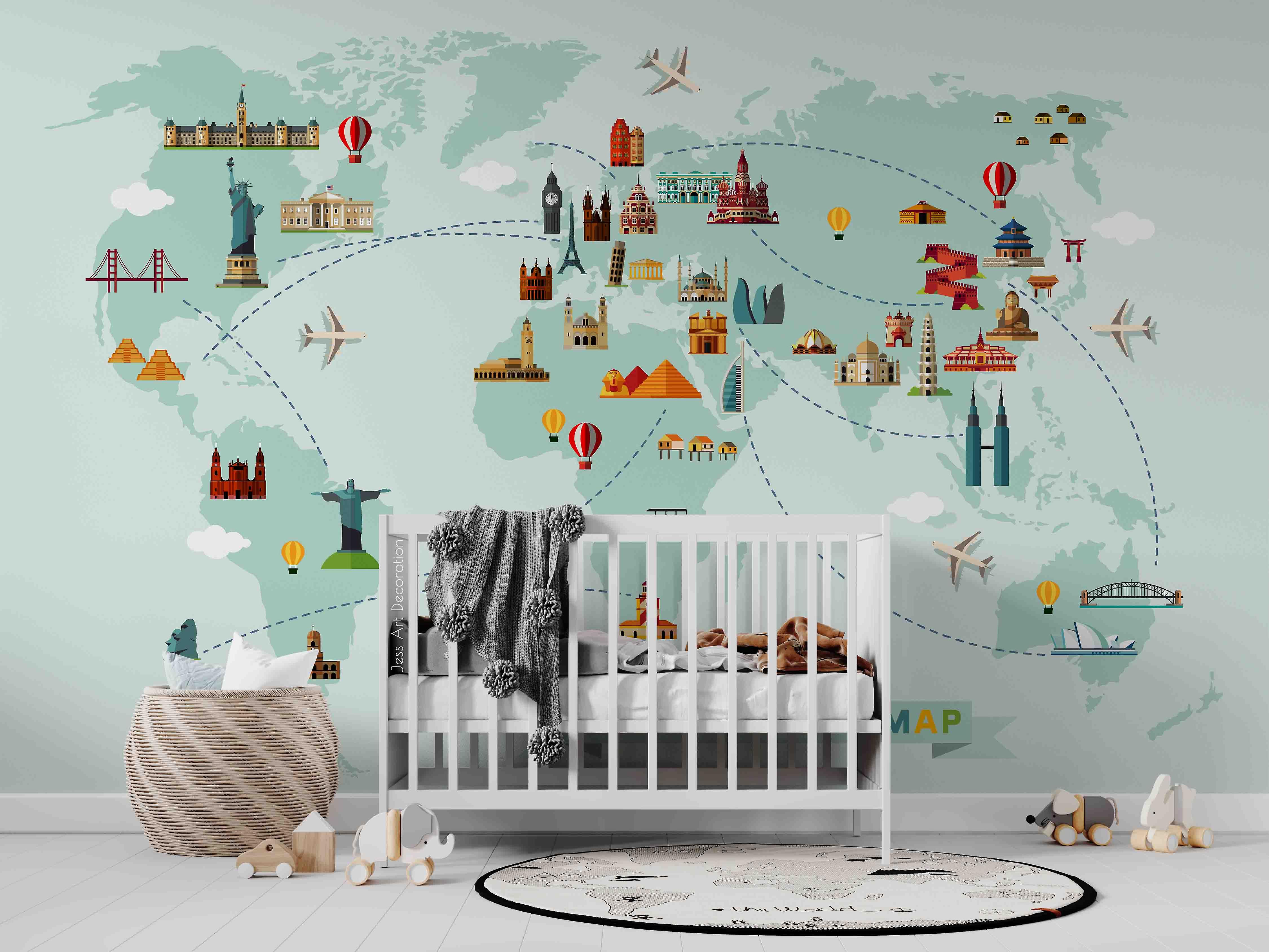 3D Green Cartoon World Map Wall Mural Wallpaper | Fruugo US