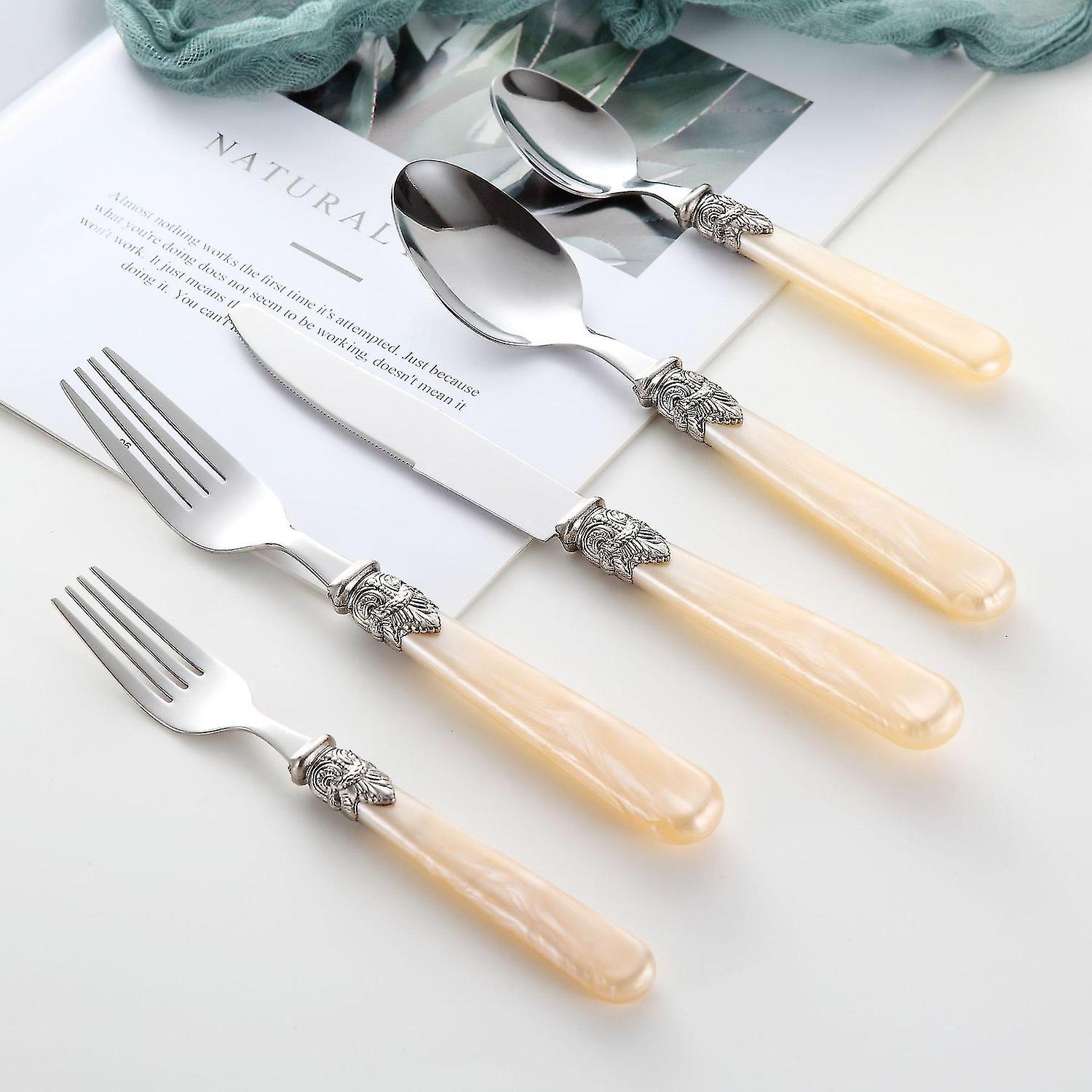 4PCS Ivory Cream Cutlery Set, Stainless Steel with Detailed Handle ...