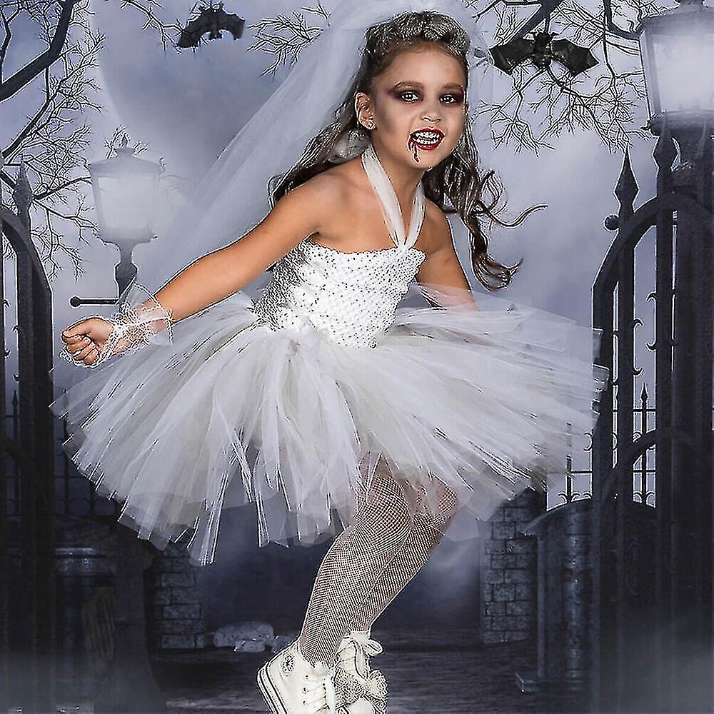 Girls Halloween Ghost Bride Cosplay Costume Dress Veil Vampire Tulle ...