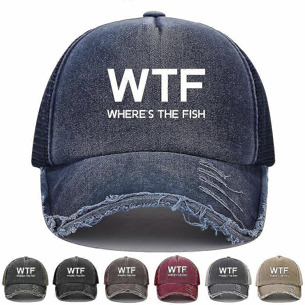 Where's The Fish Baseball Cap Raw Hem Printed Washed Distressed ...