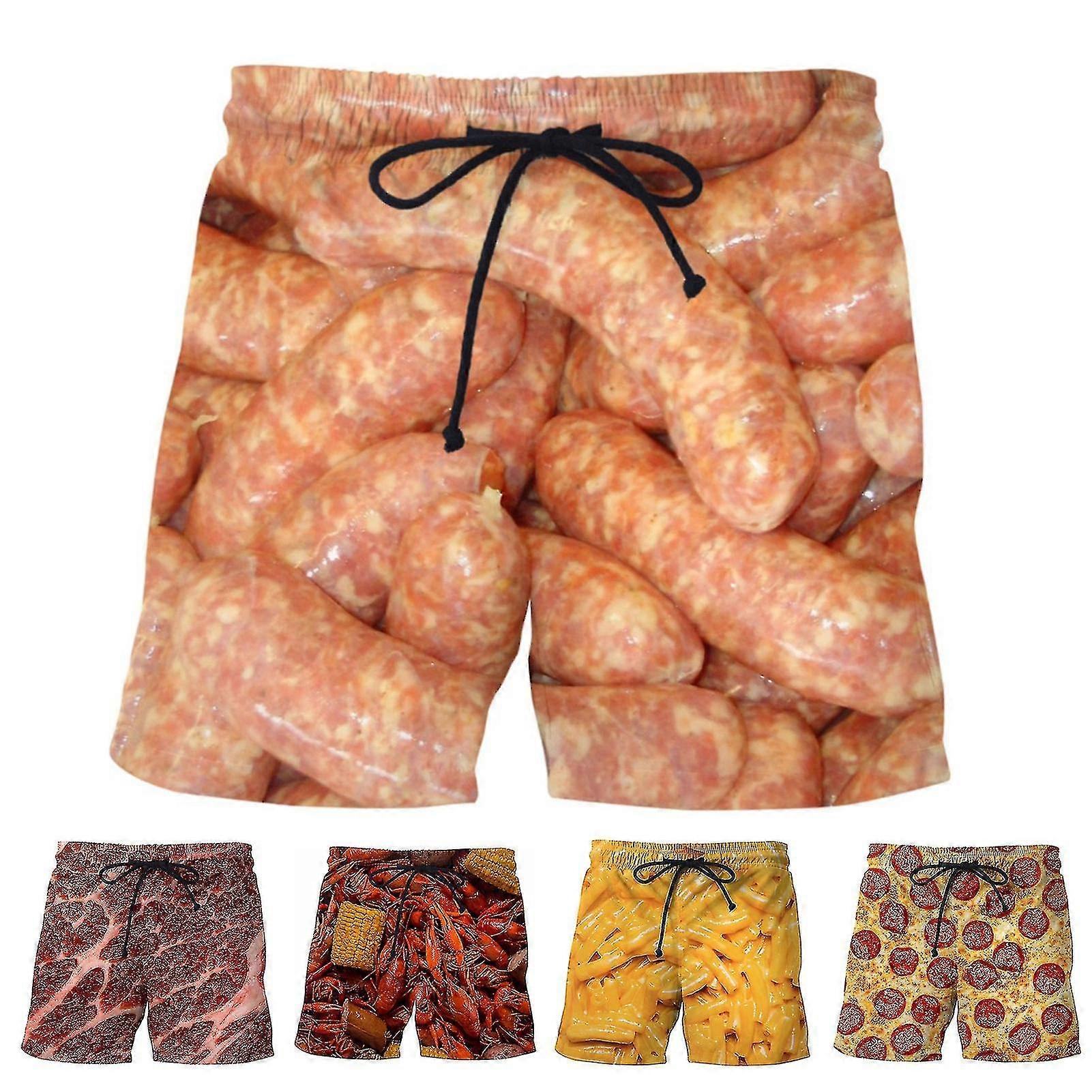 Food Shorts - Sausage Print Men's Wide Leg Elastic Waist Drawstring ...