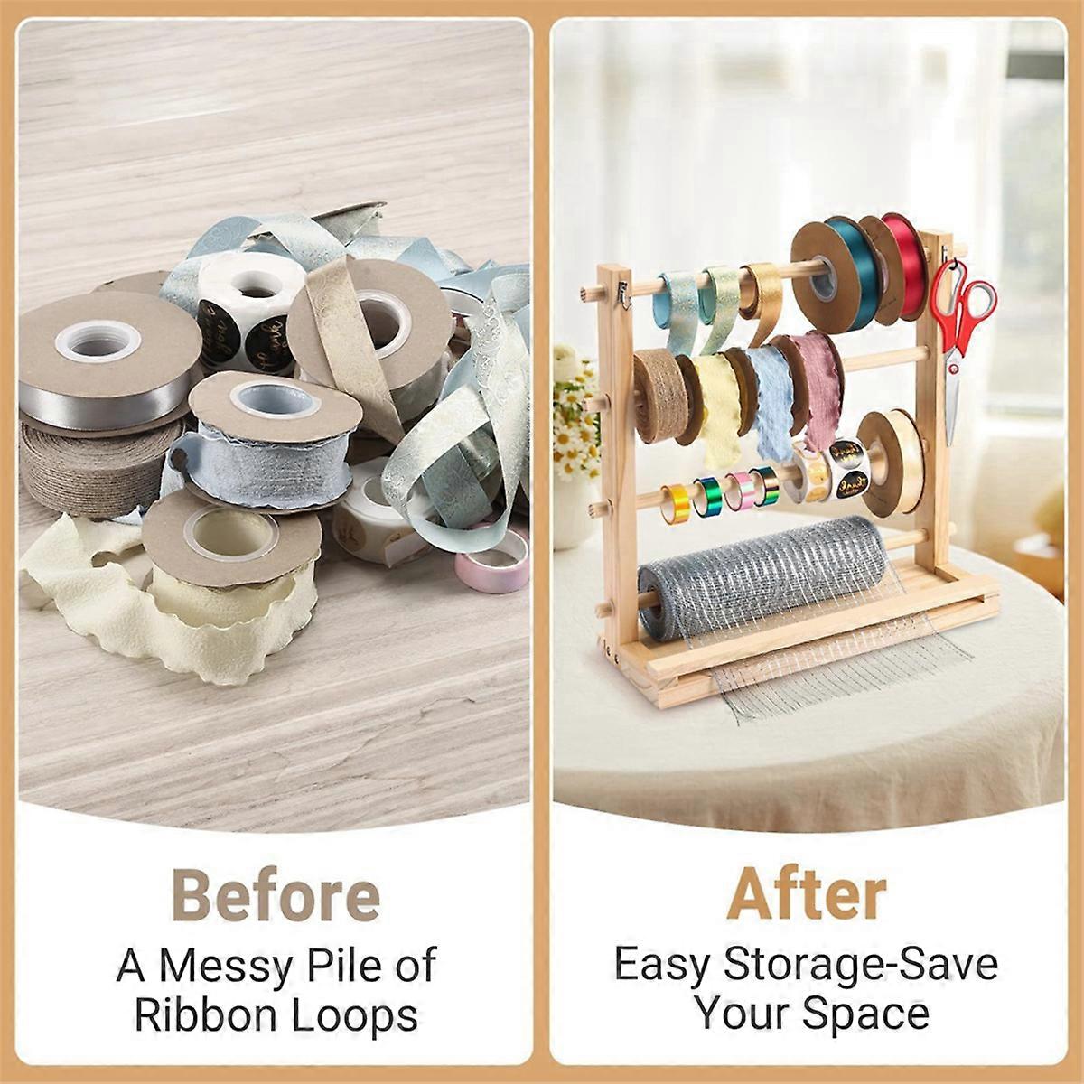 4 Tiers Wooden Ribbon Rack Ribbon Spool Holder Storage Display Shelf ...