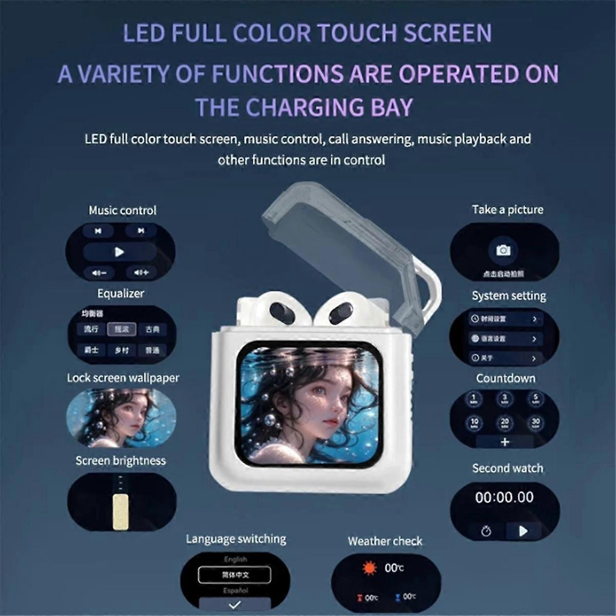LED Full-Color Touch Screen Bluetooth Earphones Active Noise Reduction ...
