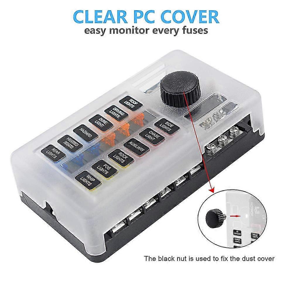 12 Way 12v Fuse Box 12volt Blade Fuse Block Holder, 12 Circuit W/negative Bus Waterproof Fuse ...