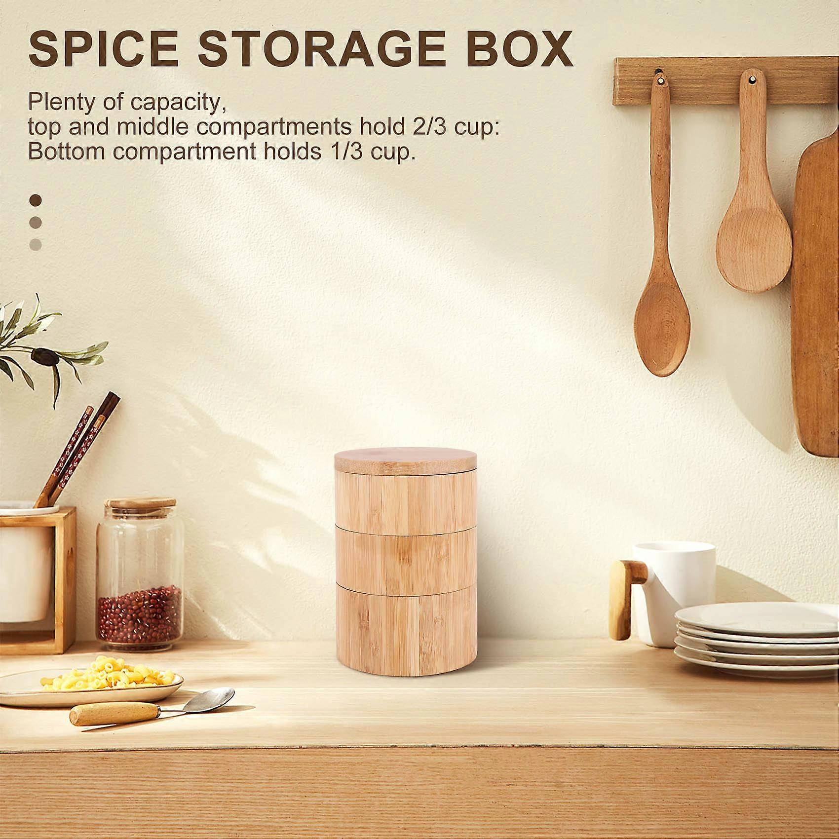 Bamboo Triple Salt Box,Wood Box,3-Tier Round Bamboo Box for Salt or ...